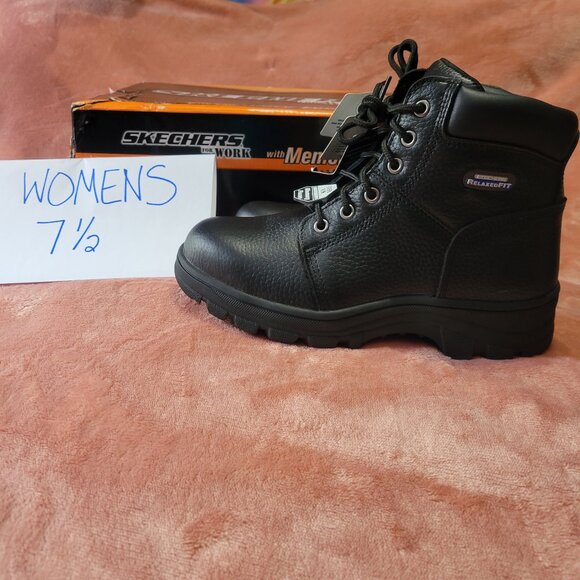 Skechers | Shoes | Womens 75 Skechers For Work Black Leather Steel Toe ...